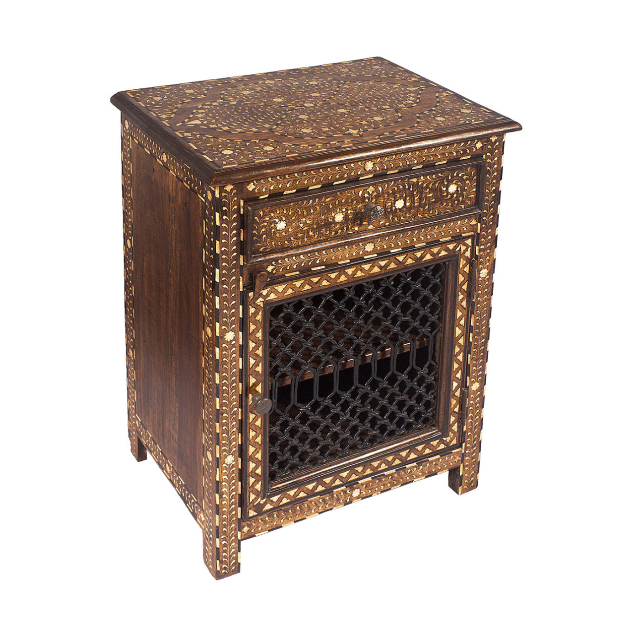 Bone Inlay Jali Table: Iron Jali and Bone Inlay Side Table