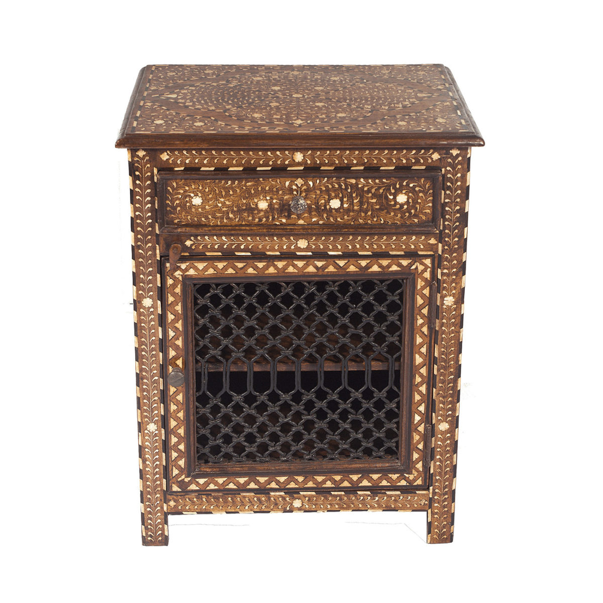 Bone Inlay Jali Table: Iron Jali and Bone Inlay Side Table
