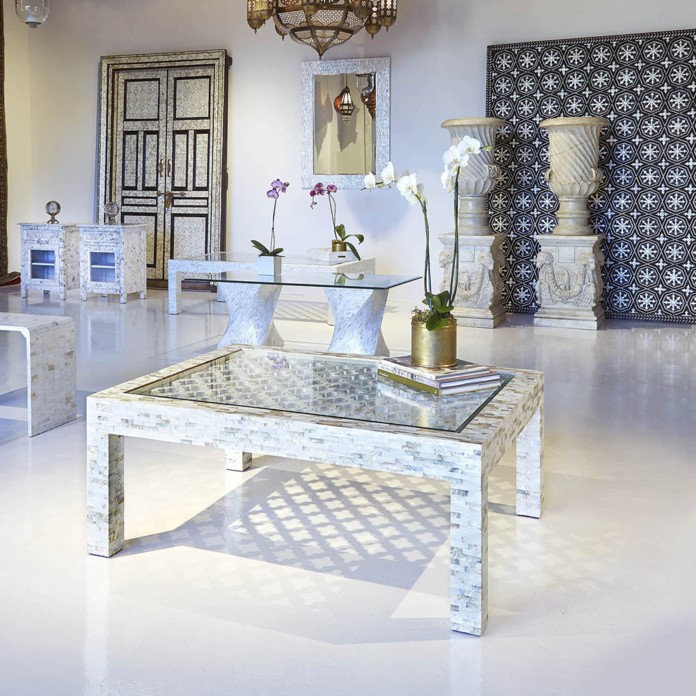 Lapis Inlay Marble Mirror: Hand-carved marble mirror