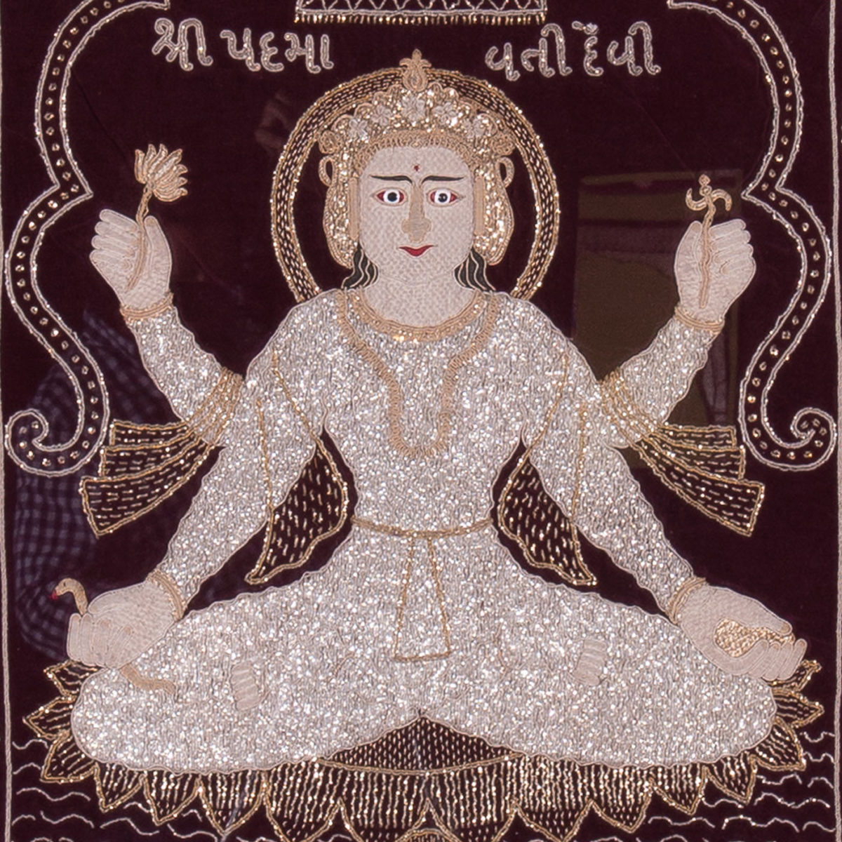 Jain Temple Textile: Gilt Embroidery of Goddess Padmavati, Framed