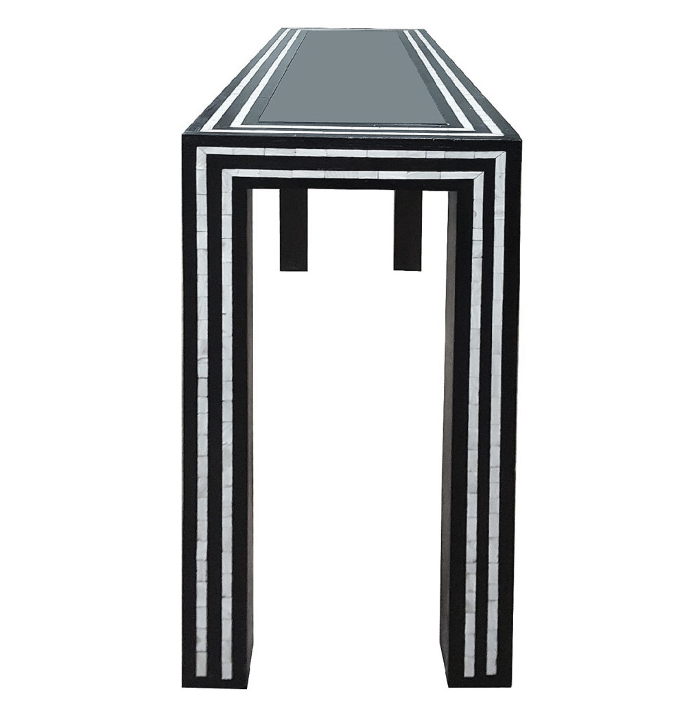 Black and White Pearl Inlay Console: Glass and Inlay Table