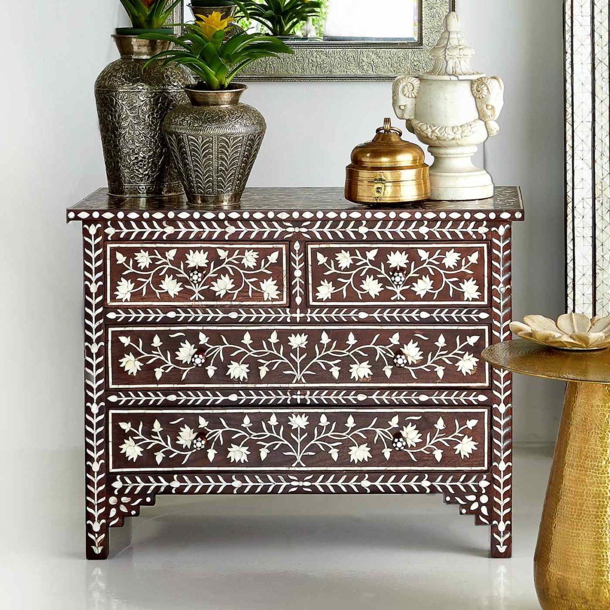 Mother of Pearl Inlay Chest of Drawers: Brown Inlay Chest of Drawers