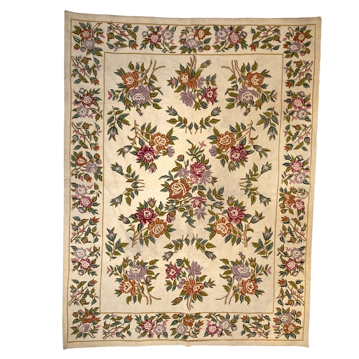 Vintage Floral Needlepoint Rug | Beige, Pink, and Green Rug
