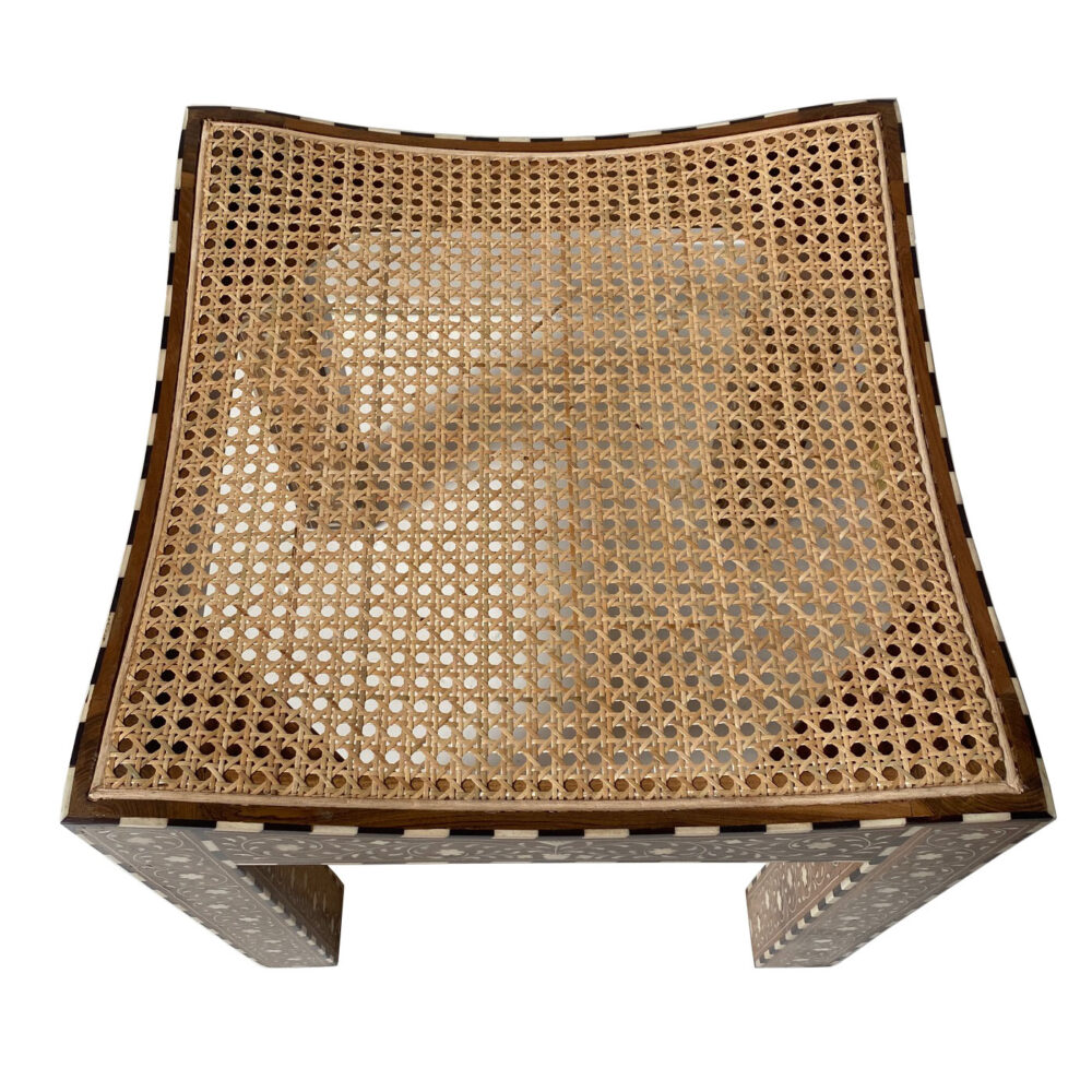 Inlay Cane Bench Stool | Bone Inlay Stool | Cane and Wood Bench